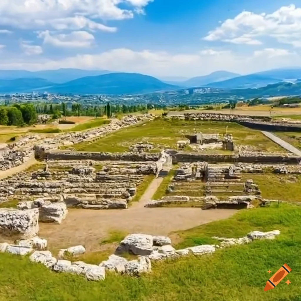 Aerial view of an archaeological site of an ancient macedonian city on ...
