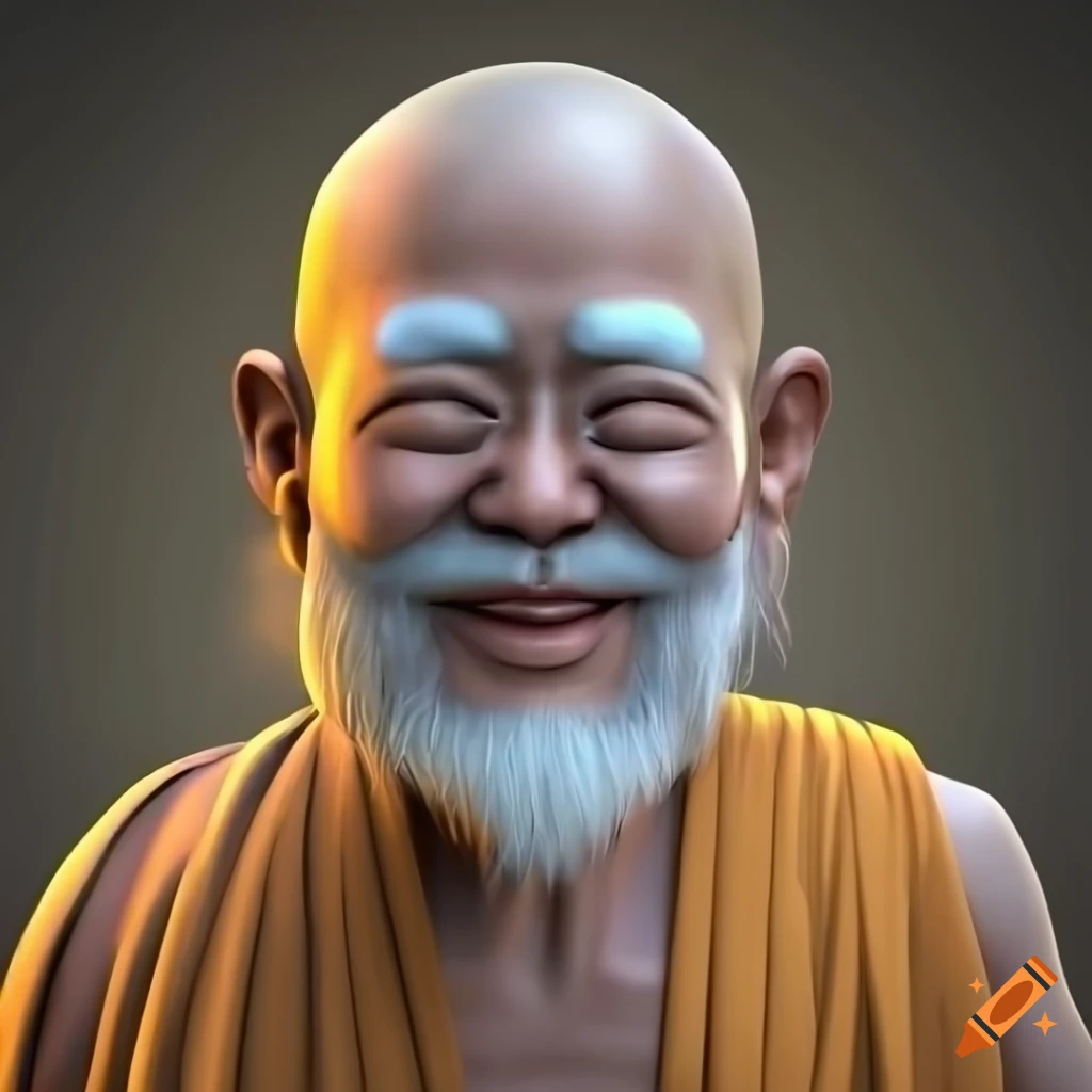 3D render of a happy old Buddhist monk named Leni with long white beard ...
