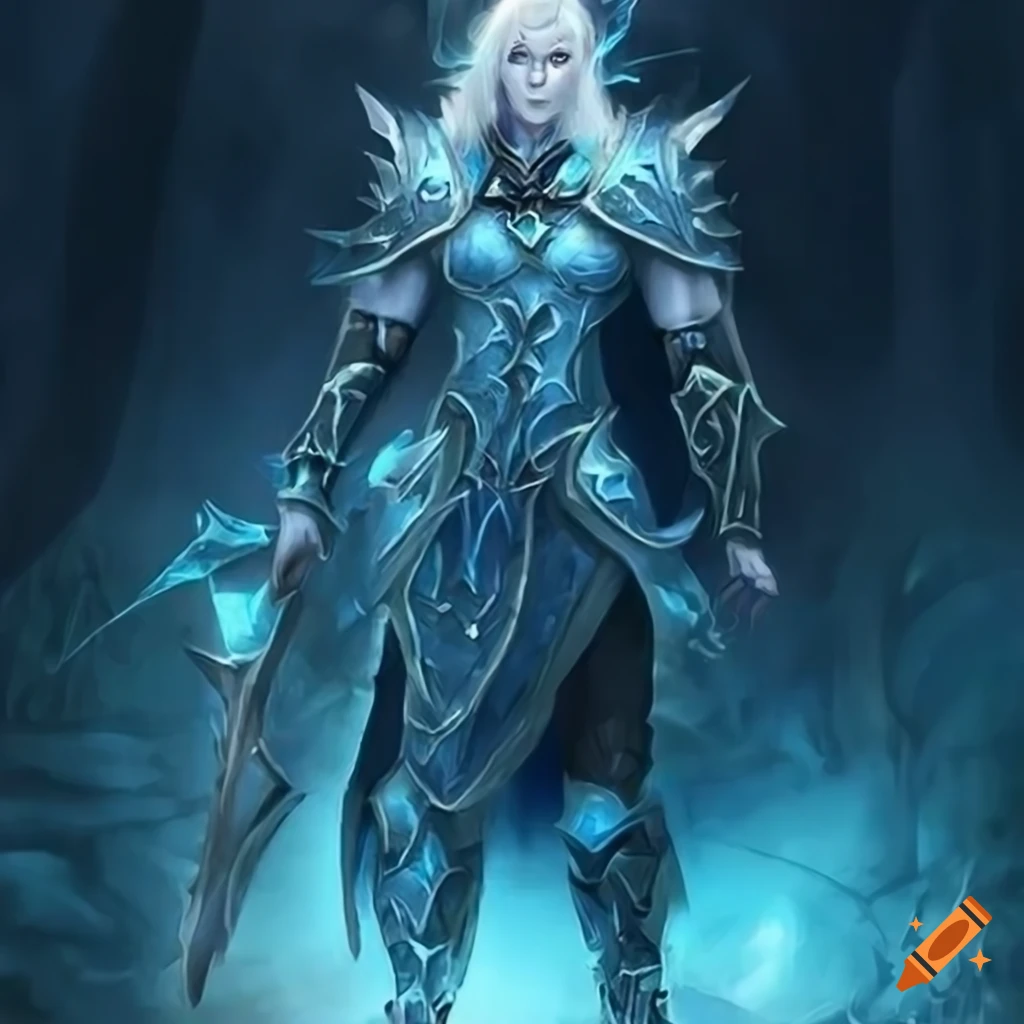 Ice elf warrior with white hair and blue skin in magical ice armor on ...