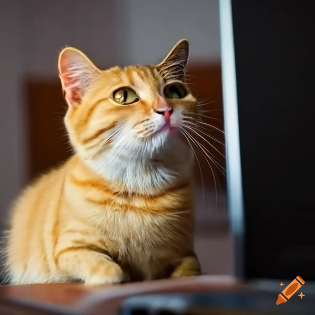 Yellow cat sitting in front of a computer on Craiyon