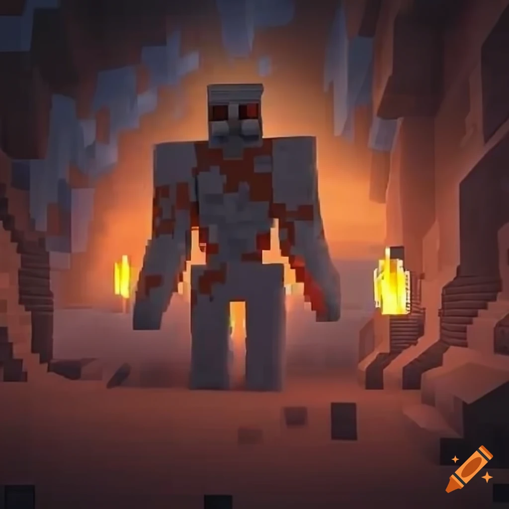 Minecraft iron golem in a cave with zombies and torch light on Craiyon