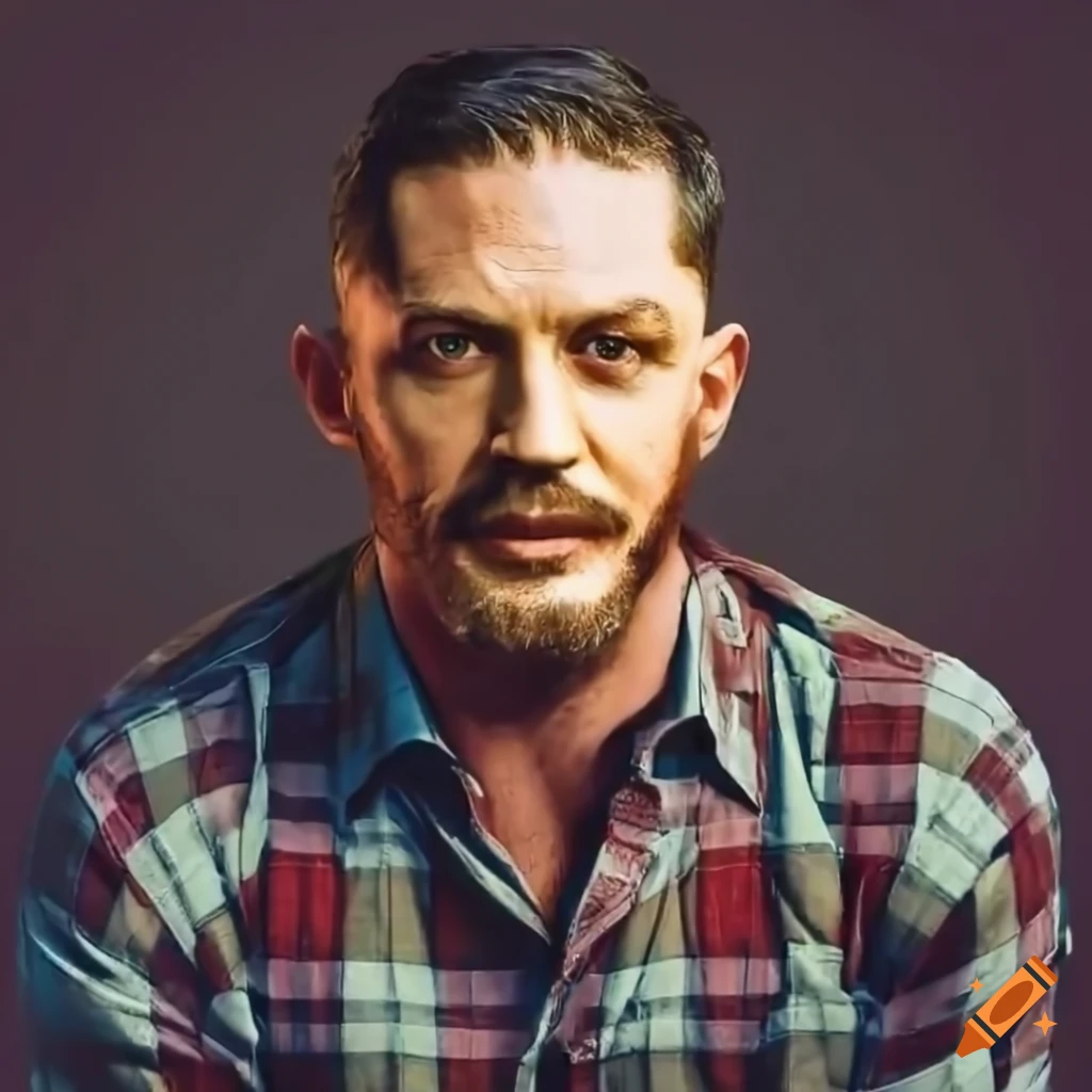 Young man resembling British actor Tom Hardy in a country-plaid shirt ...