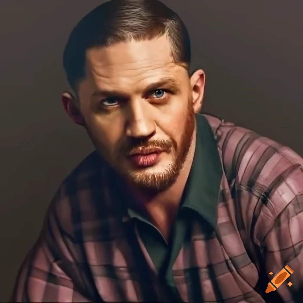 Young man resembling British actor Tom Hardy in a country-plaid shirt ...