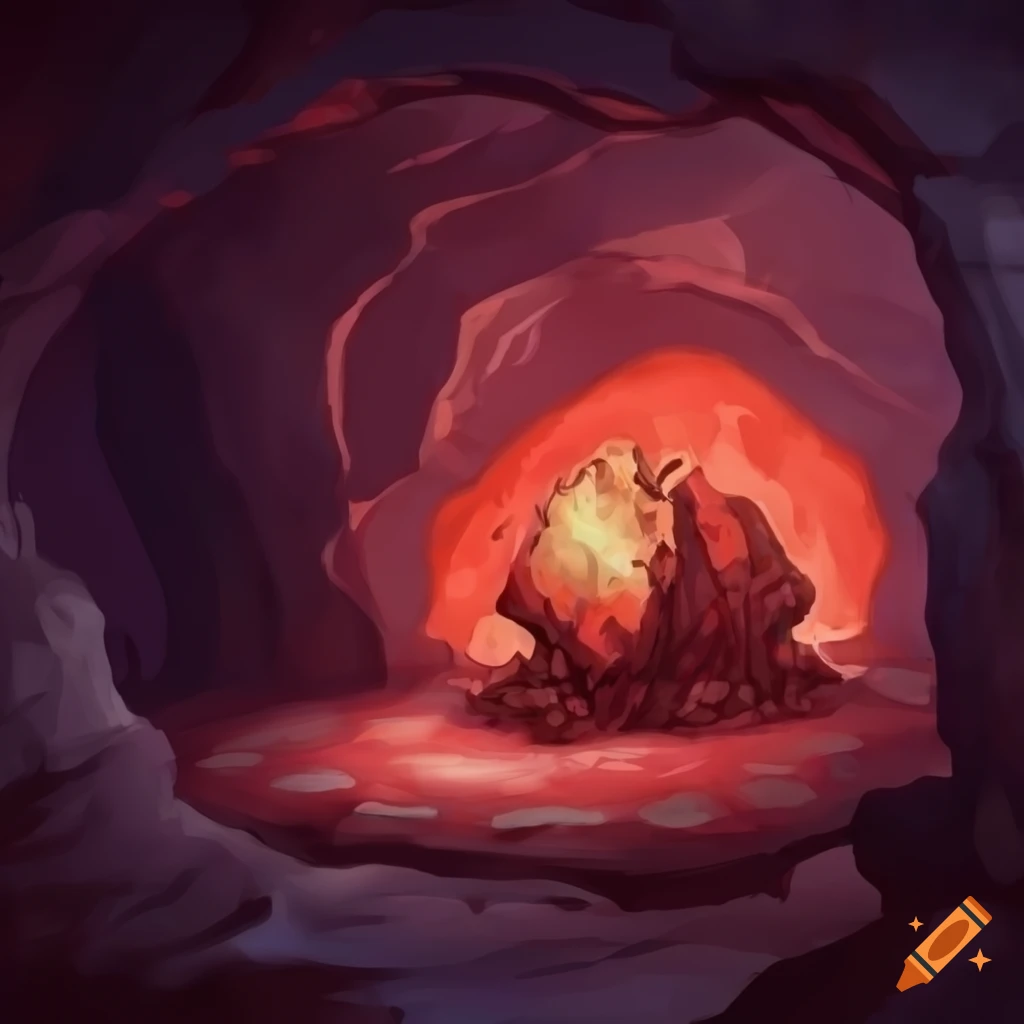 Magical red ore deposit in a cave in a fantasy art style on Craiyon
