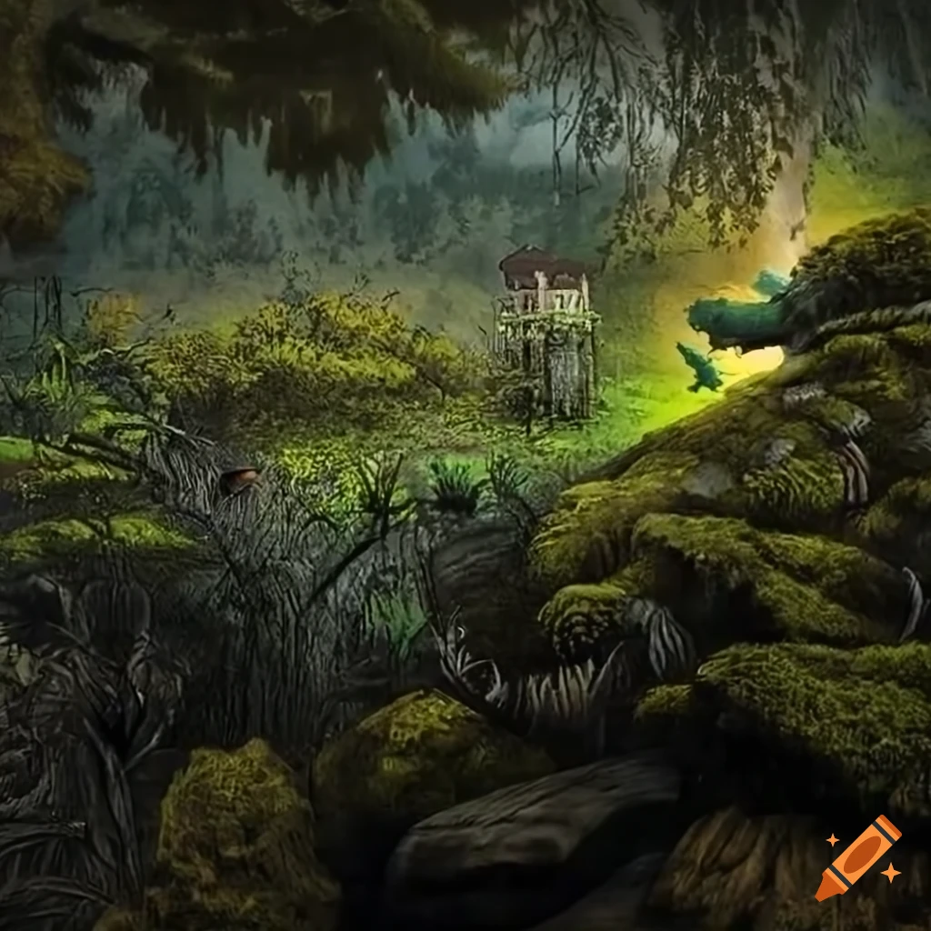 Wide angle panorama of the biblical garden of eden with ancient ...