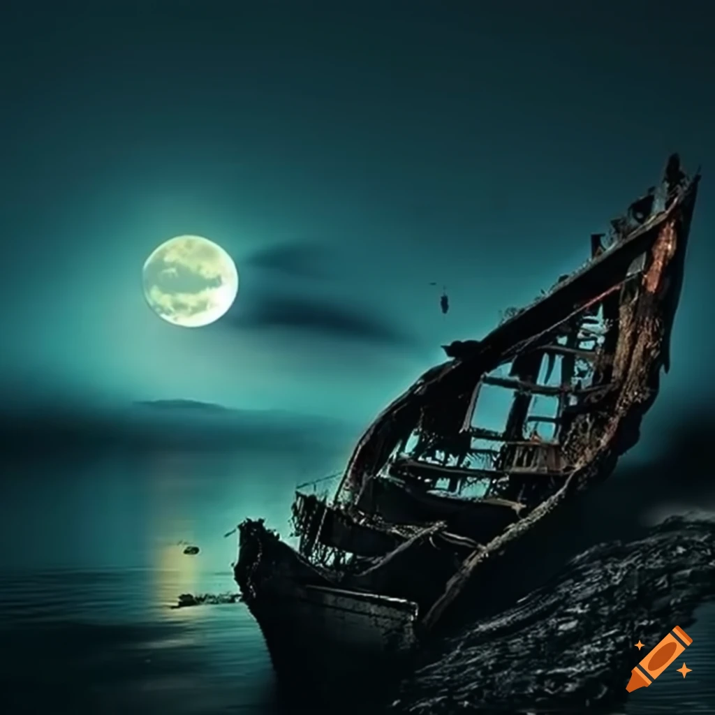Ancient wrecked shipyard under a creepy yellow moon at night on Craiyon