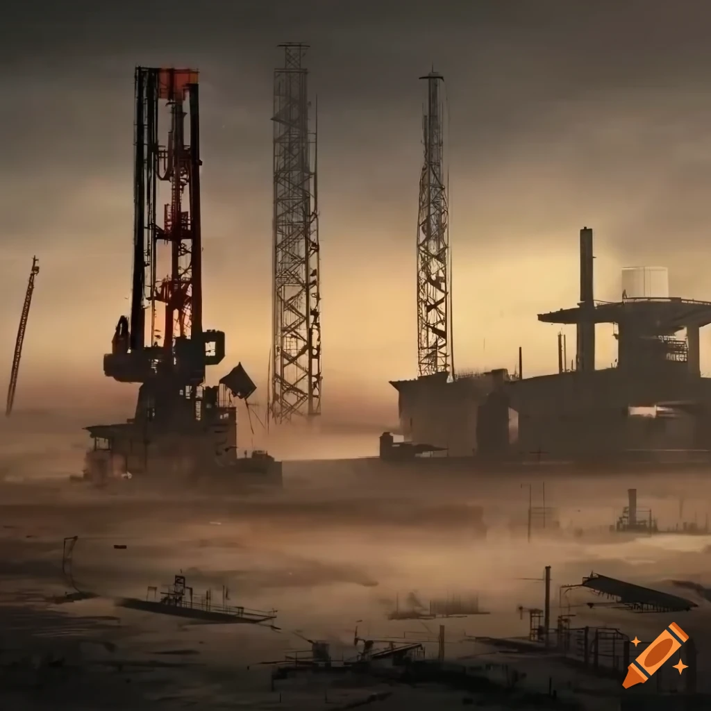 Ominous post-apocalyptic factory with burning oil derricks and smoke on ...