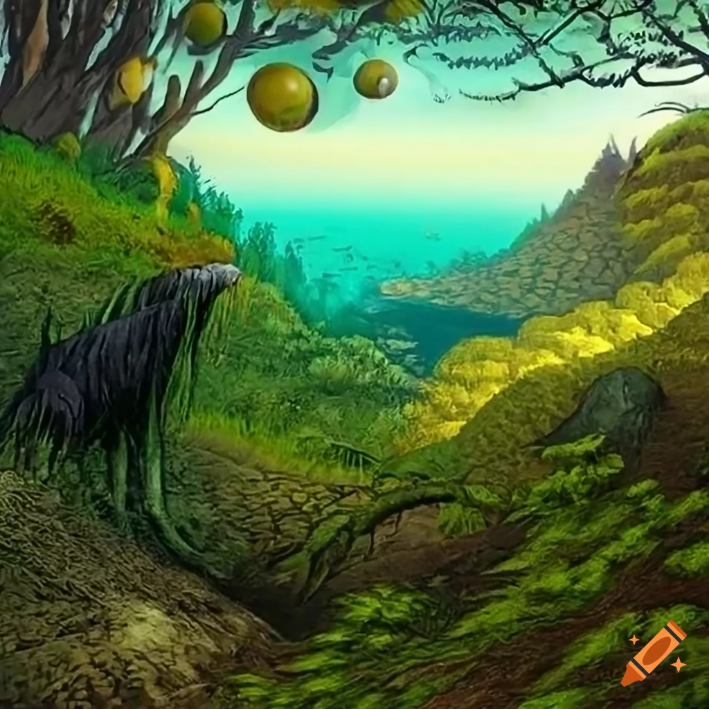Panoramic view of the biblical garden of eden with ancient inventions ...