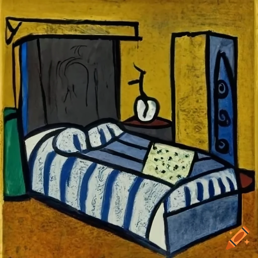 Picasso's artwork of a midnight hotel room with wardrobe, bed, and bathroom on Craiyon