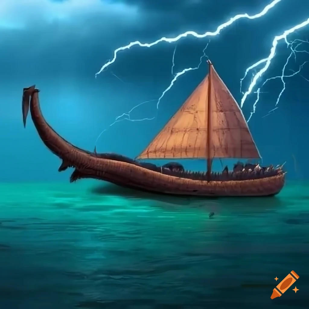 Prehistoric ark on a log raft sailing in stormy seas with lightning on ...