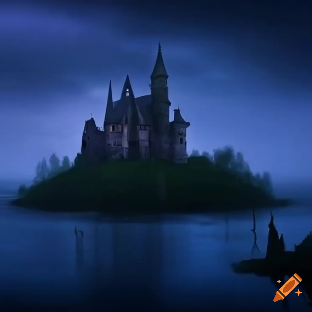 Castle on an island in a rainy night scene on Craiyon