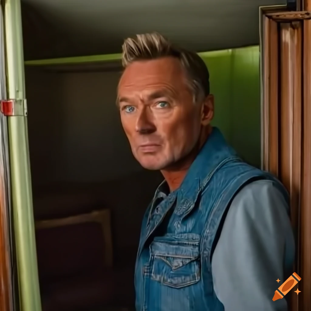 Closeup high angle view of a young man in outlaw biker style standing ...