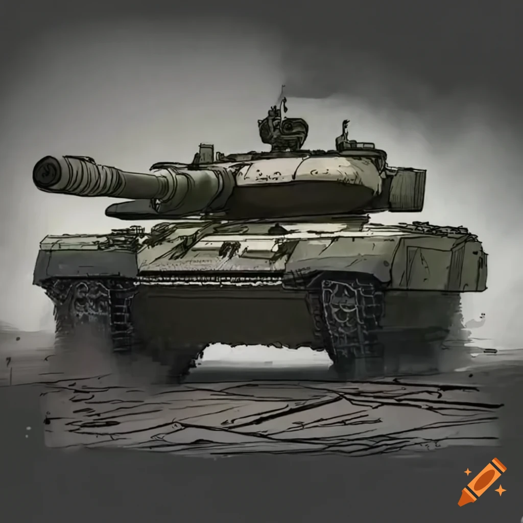 Detailed black-and-white sketch of t-84 bm oplot tank showcasing unique ...