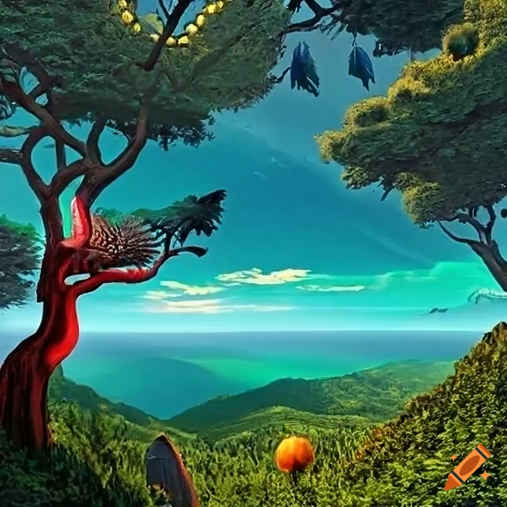 Panorama of the fantastical biblical garden of eden with scientific ...