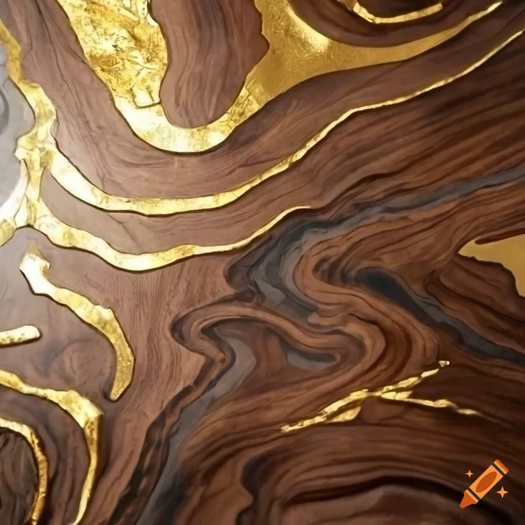 Black walnut wall art with gold foil inlays on Craiyon
