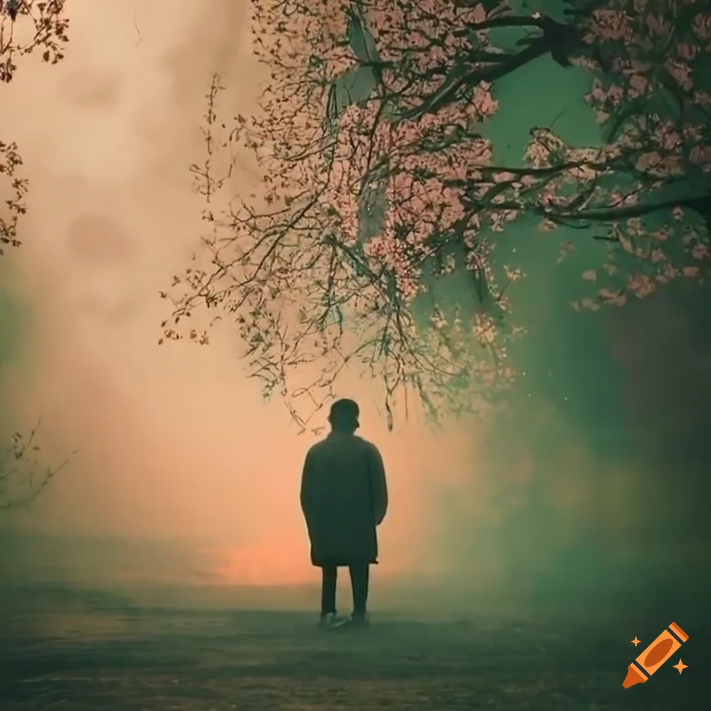 Man contemplating life under a blooming tree in a smoky environment on ...