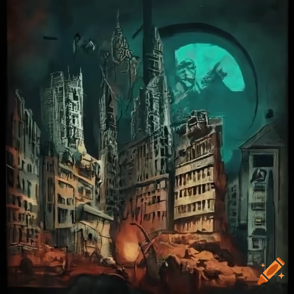 Apocalyptic city overtaken by dinosaurs in a teal color scheme on Craiyon