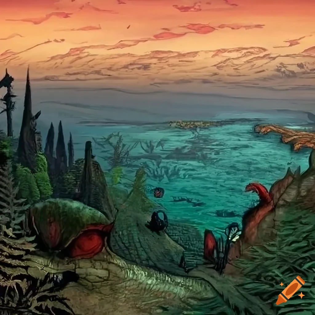 Panoramic view of the Biblical Garden of Eden with ancient inventions ...