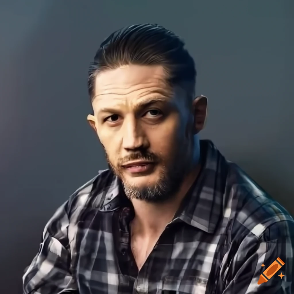 Young man resembling British actor Tom Hardy in a country-plaid shirt ...