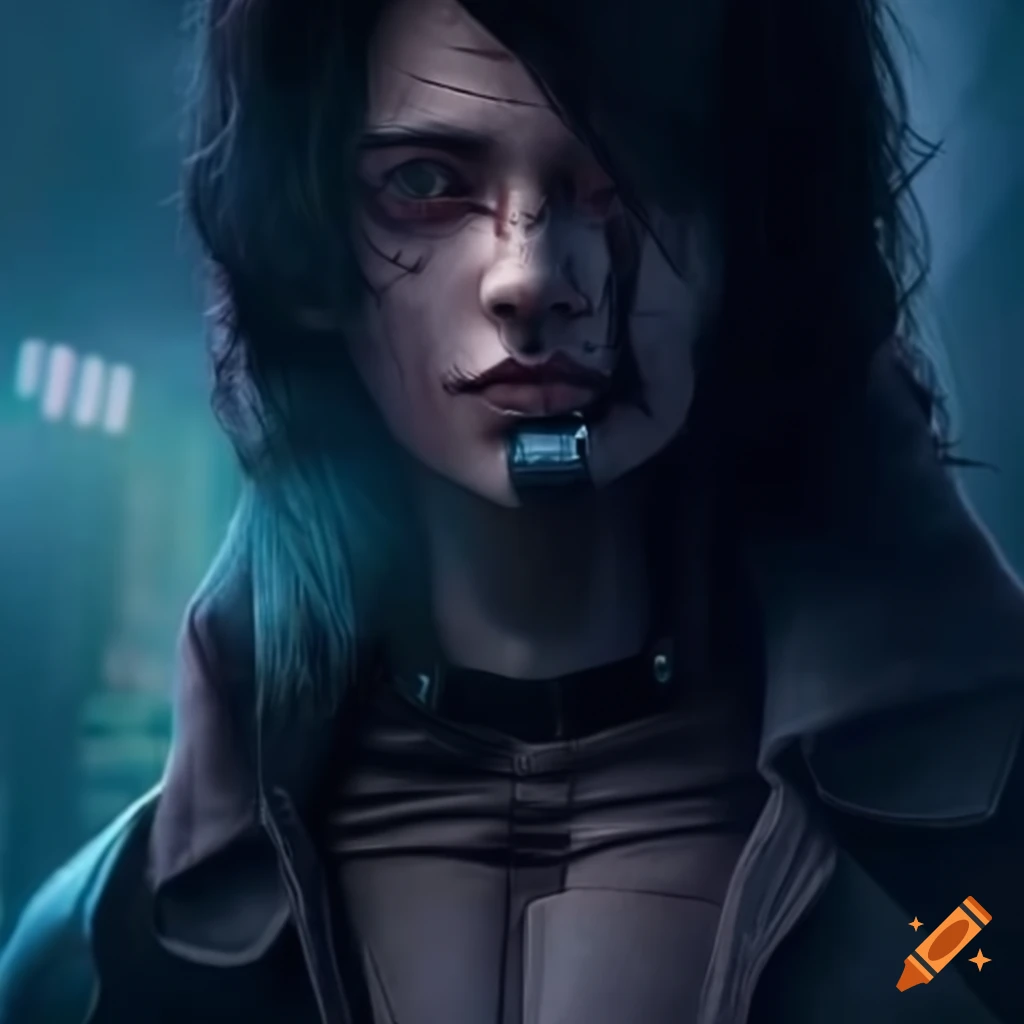 Cyberpunk man with robotic left eye walking on the street in brown ...