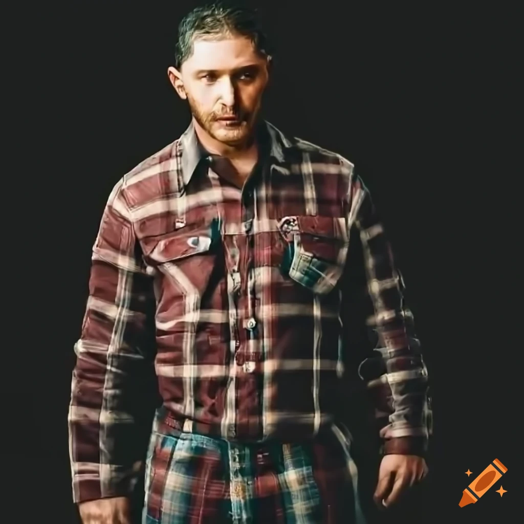 Young British actor in country plaid shirt and high-waist black leather ...