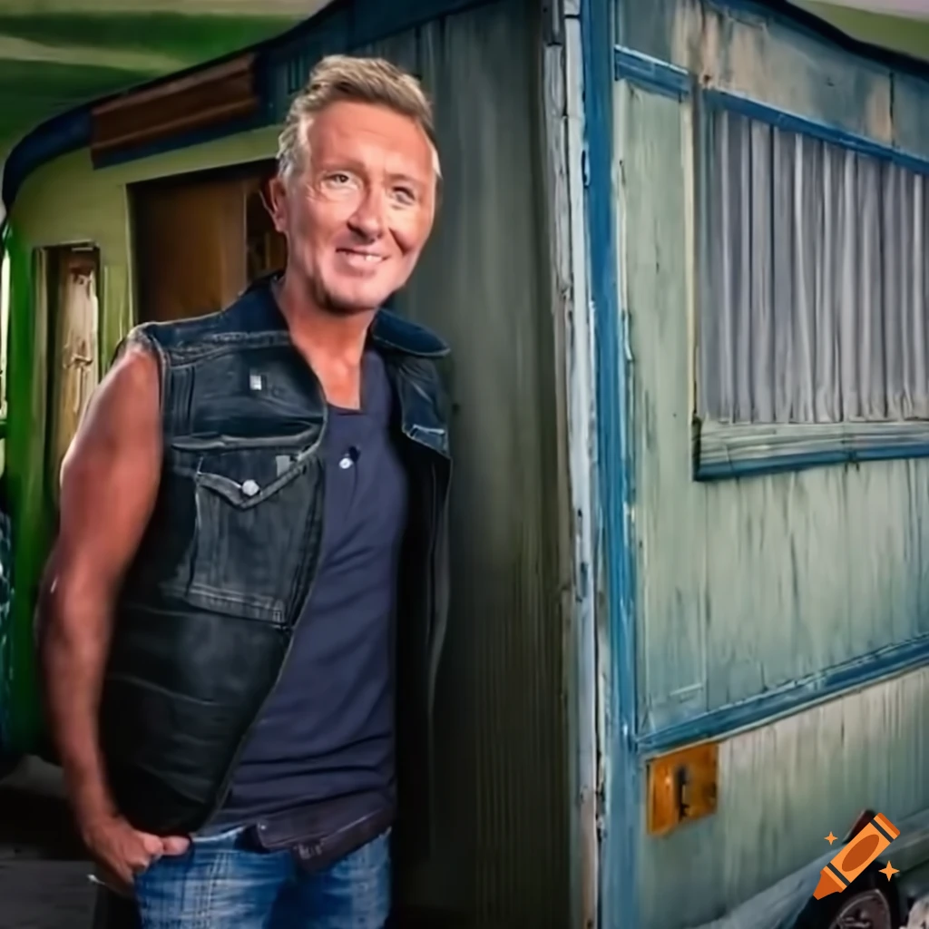 Closeup high angle view of a young man in outlaw biker style standing ...
