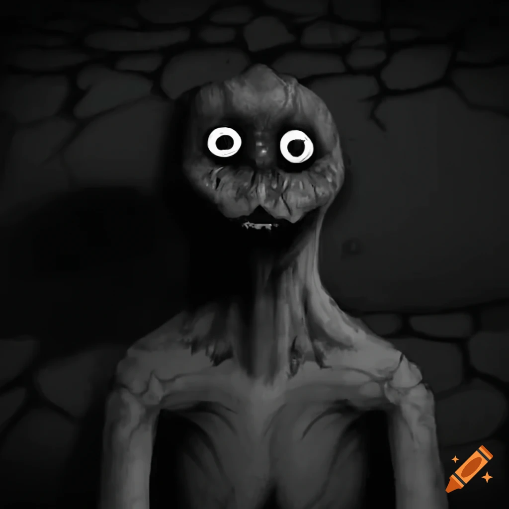 Creepy tall black creature with sharp teeth and cartoon-like eyes in a ...