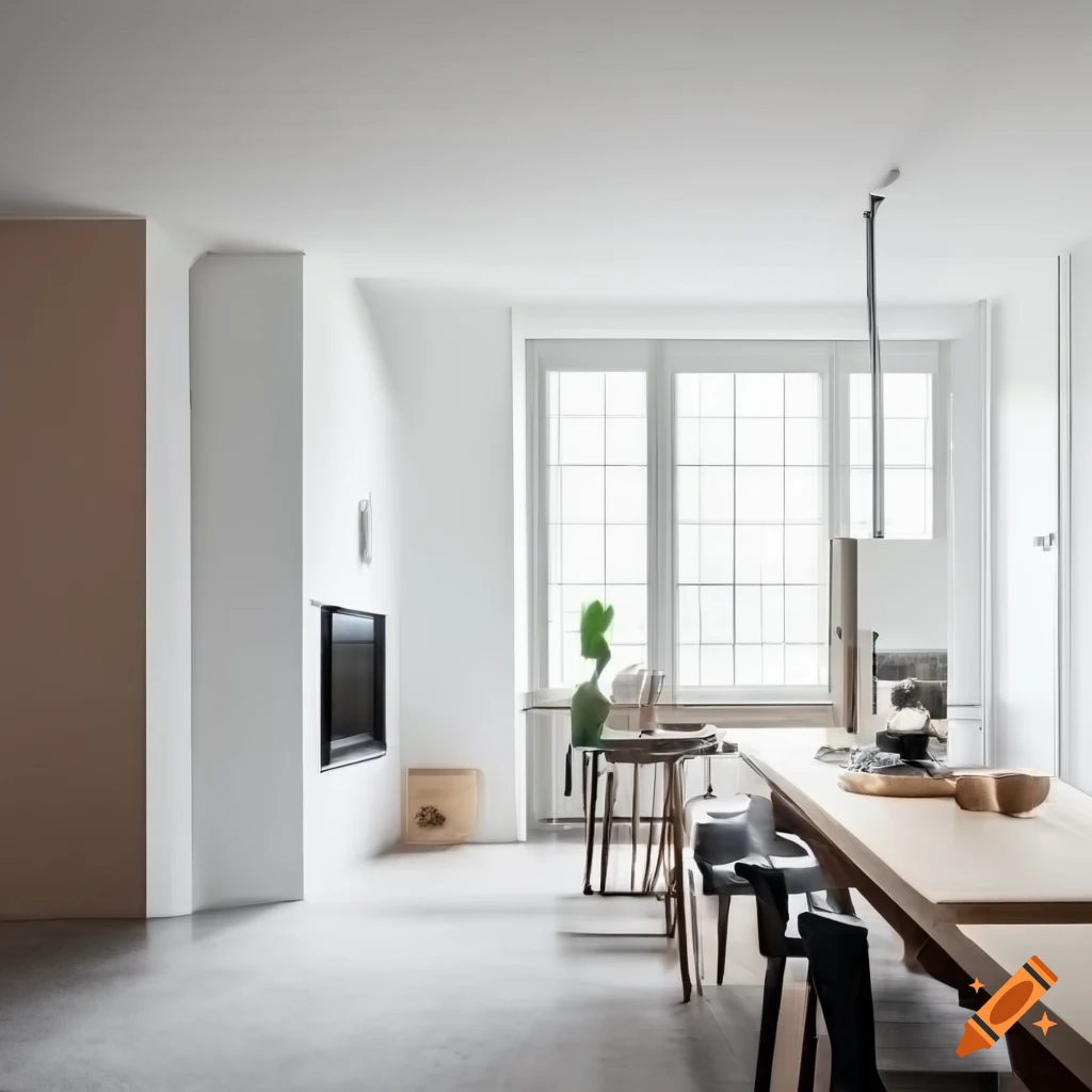 Wide view of a minimally designed white Danish loft with designer ...