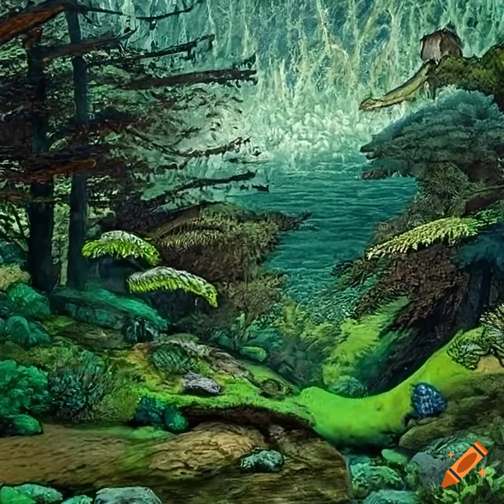 Panoramic view of the biblical garden of eden with prehistoric ...