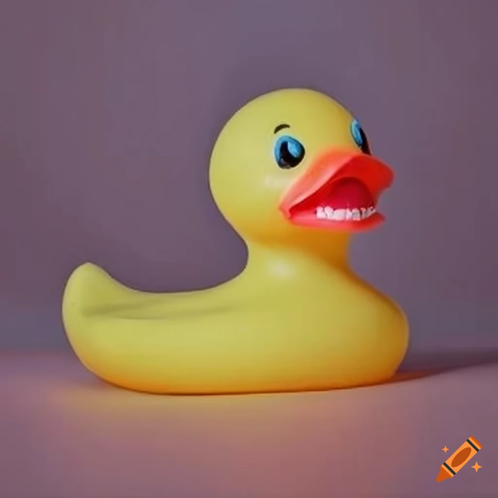 Whimsical yellow rubber ducky with teeth in a bath tub on Craiyon