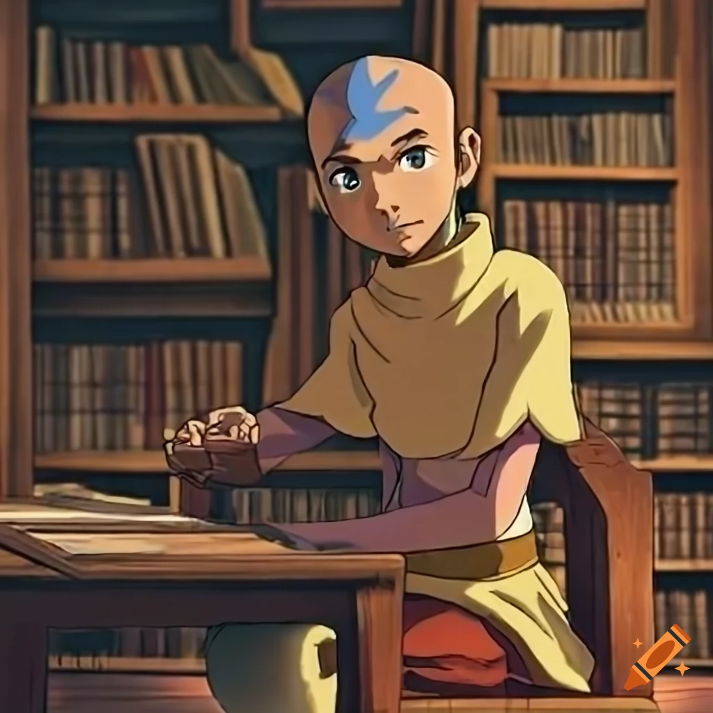 Avatar aang in a serene library, pondering over a large book on Craiyon