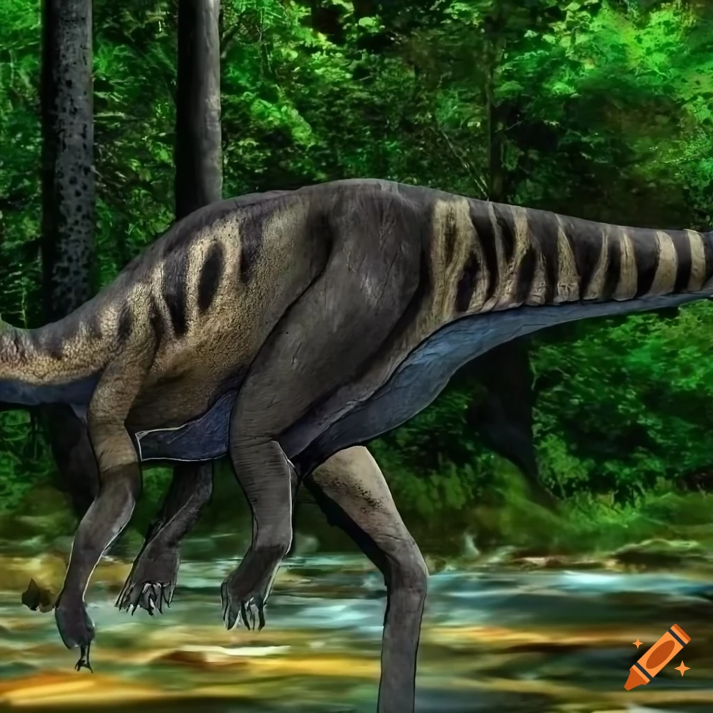 Hadrosaurus dinosaur with an african civet color pattern crossing a ...