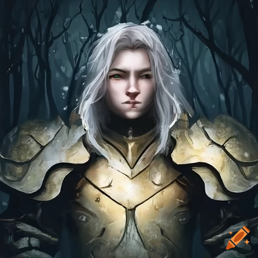 Pale human warrior in shining golden armor with glowing eyes and hair ...