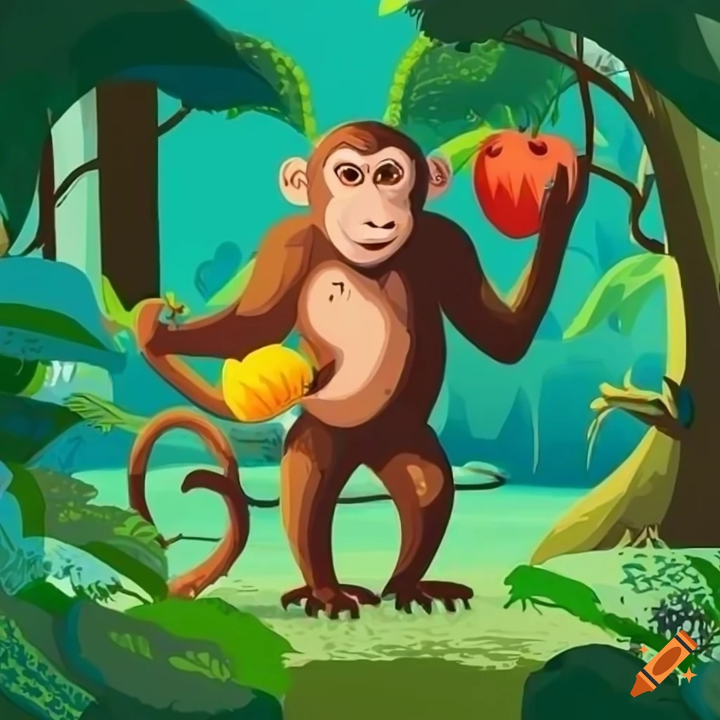 Monkey offering fruits to a crocodile in a dense forest by the river on ...