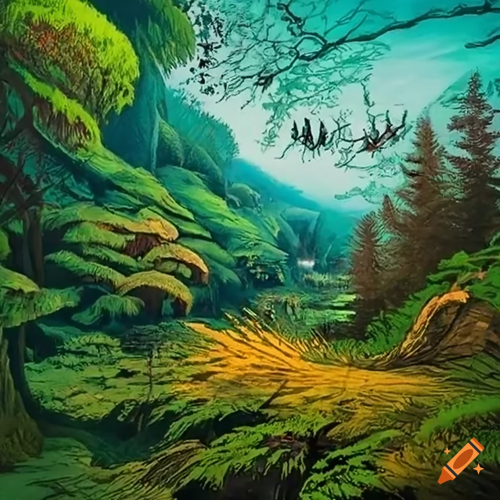 Wide angle panorama of a fantastical Garden of Eden with prehistoric ...