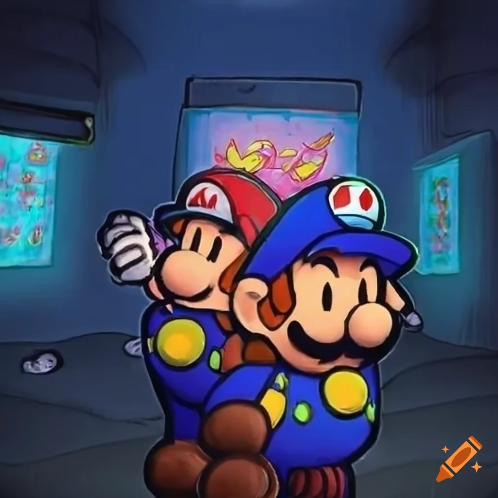 Paper mario and paper friends enjoying a movie night on Craiyon