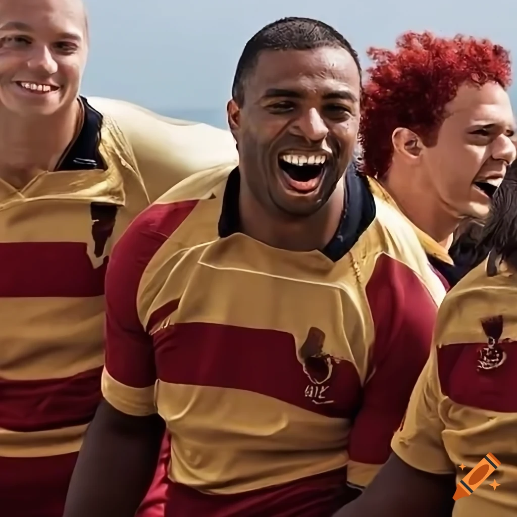 Crowd of diverse individuals celebrating a team win in gold rugby ...