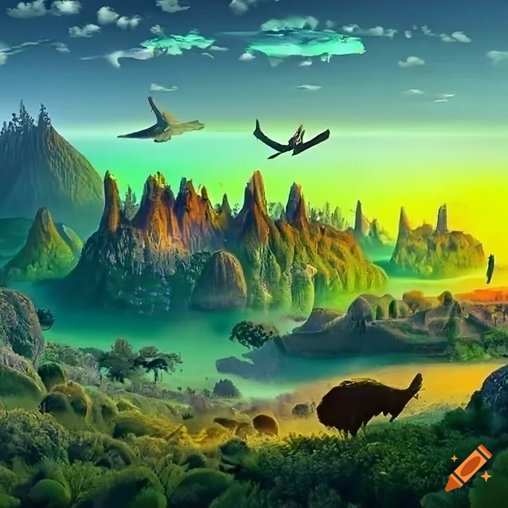 Panorama of the fantastical biblical garden of eden with scientific ...