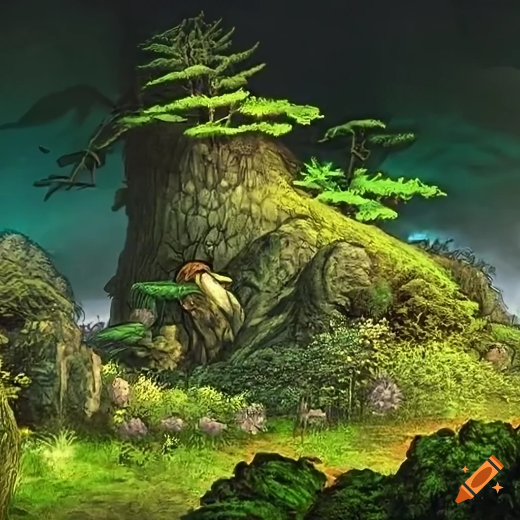 Wide angle panorama of the biblical garden of eden with ancient ...