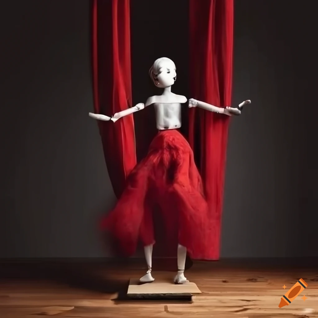 Avant-garde human puppet inspired by Tim Walker on a wooden floor platform with flying tiles and ...