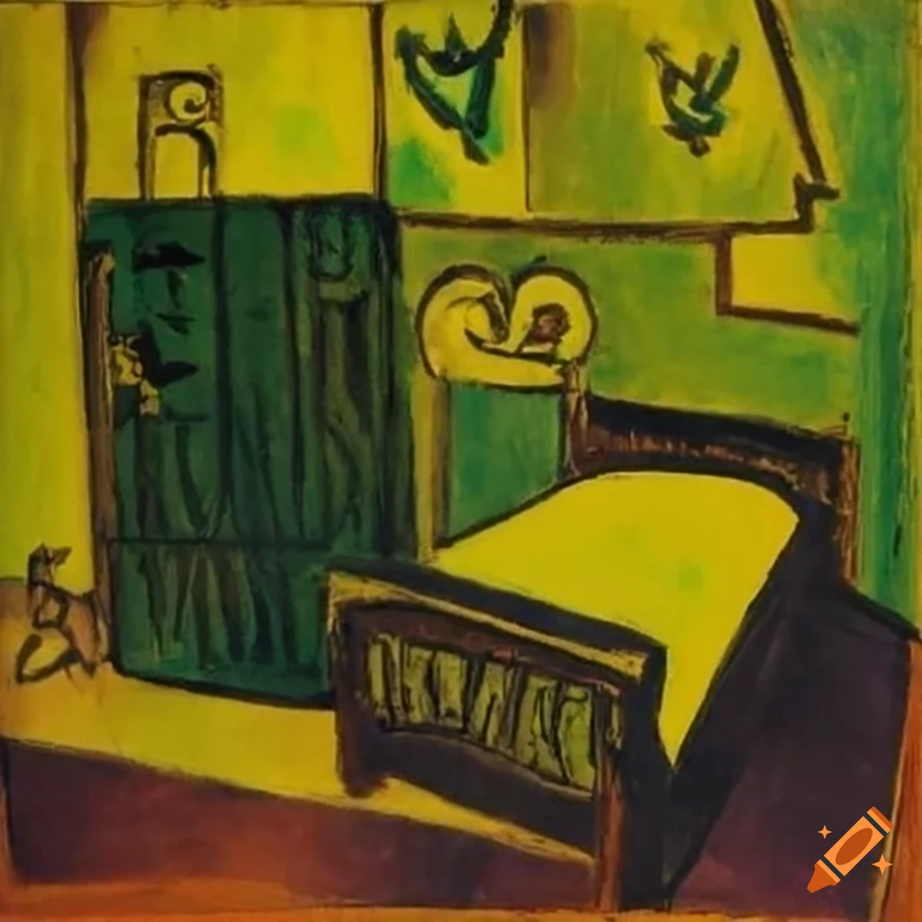 Picasso's artwork of a midnight hotel room with wardrobe, bed, and ...