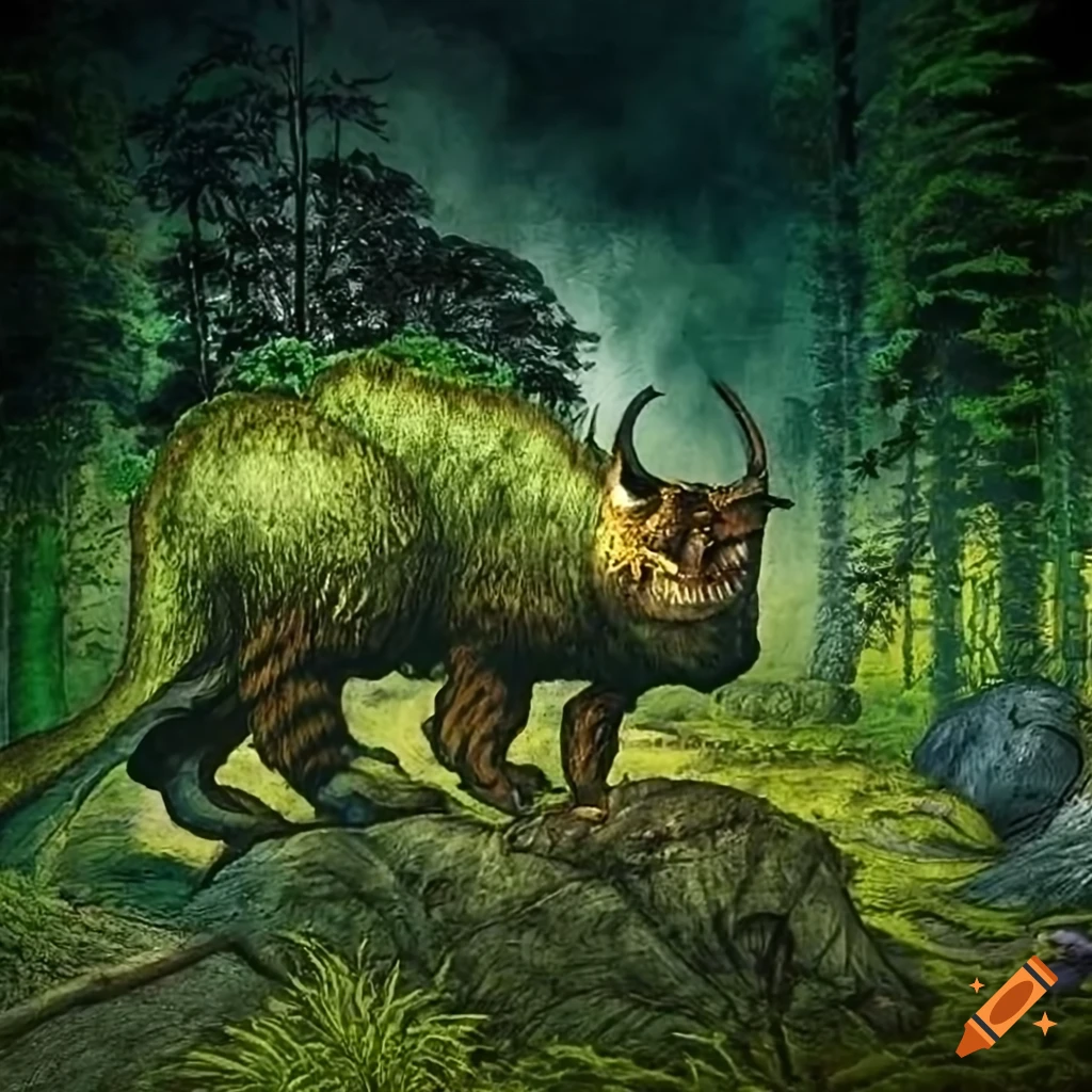 Panoramic view of the biblical garden of eden with prehistoric ...