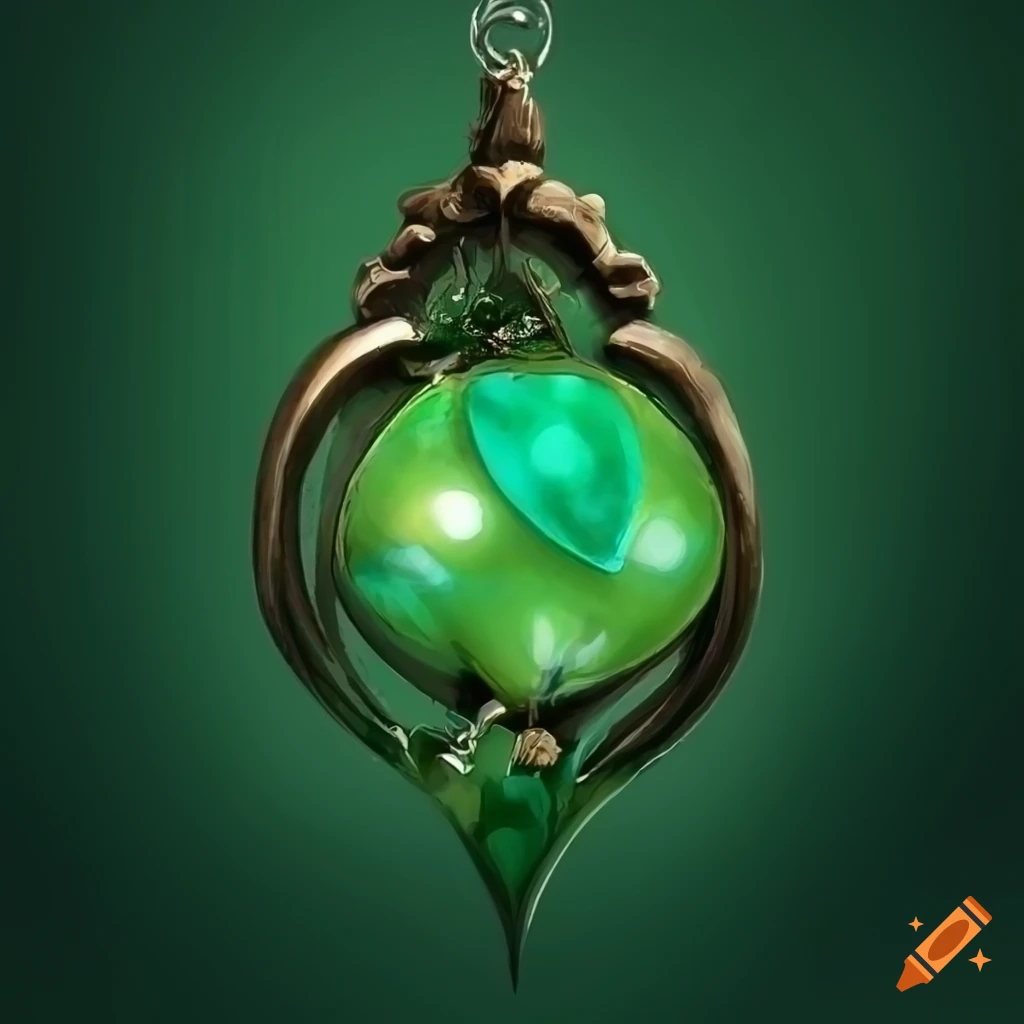 Green charm necklace representing nature in fantasy art style on Craiyon
