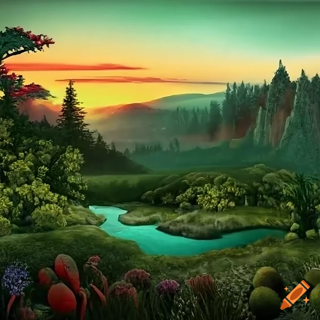 Panorama of the fantastical biblical garden of eden with scientific ...