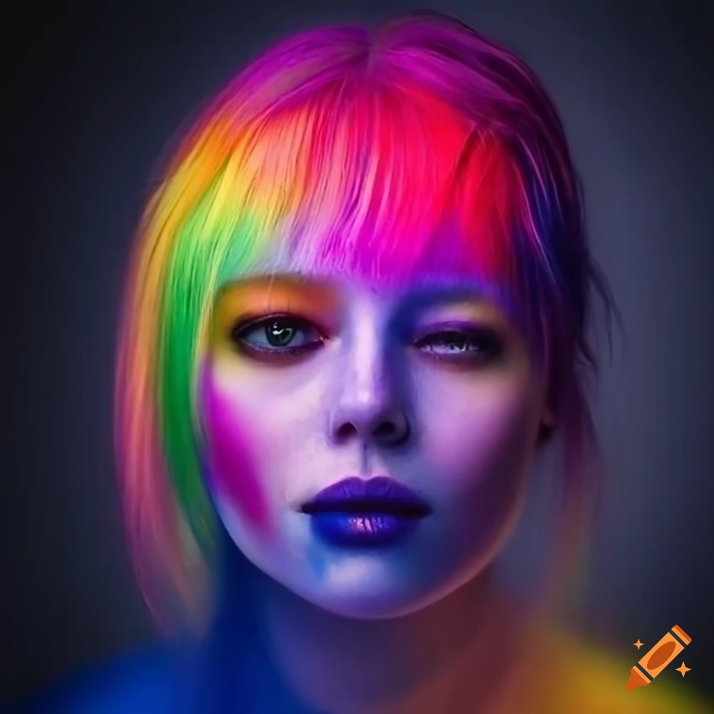 Captivating woman with rainbow hair wearing a colorful abstract mask on ...