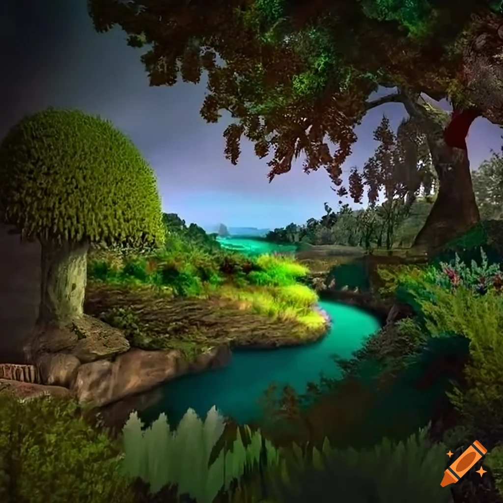 Panorama of the fantastical biblical garden of eden with scientific ...