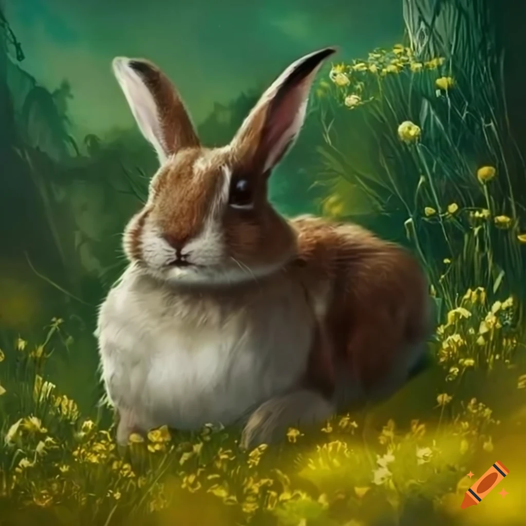 Rabbit resting in a field of white and yellow flowers on Magic the ...
