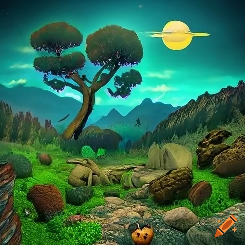 Panorama of the fantastical biblical garden of eden with scientific ...