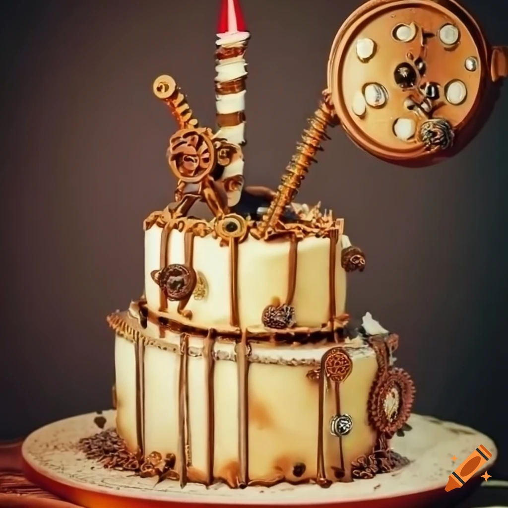 Birthday cake made of screws and steampunk accessories on Craiyon