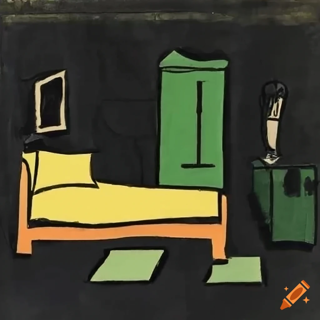 Pablo Picasso's artwork of midnight hotel room with wardrobe, bed, and bathroom on Craiyon